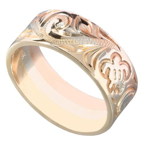 Hawaiian Scroll and Honu Engraving Heirloom Ring 14K Tri-gold Made 8mm ...