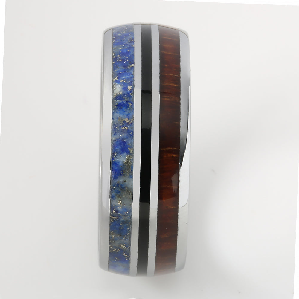 Tungsten Hawaiian Koa Wood and Lapis Lazuli Inlaid Triple Row Oval Wed ...