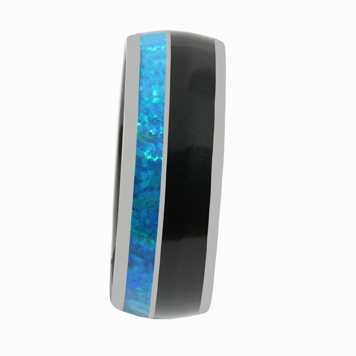 Tungsten Blue Opal and Onyx Inlaid Wedding Ring Barrel 8mm – Akela Jewelry